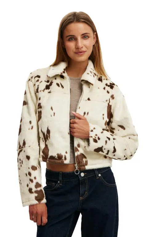COTTON ON Cow Faux Fur Jacket - Brown