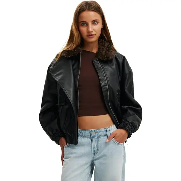 COTTON ON Faux Leather Darcy Bomber - Black