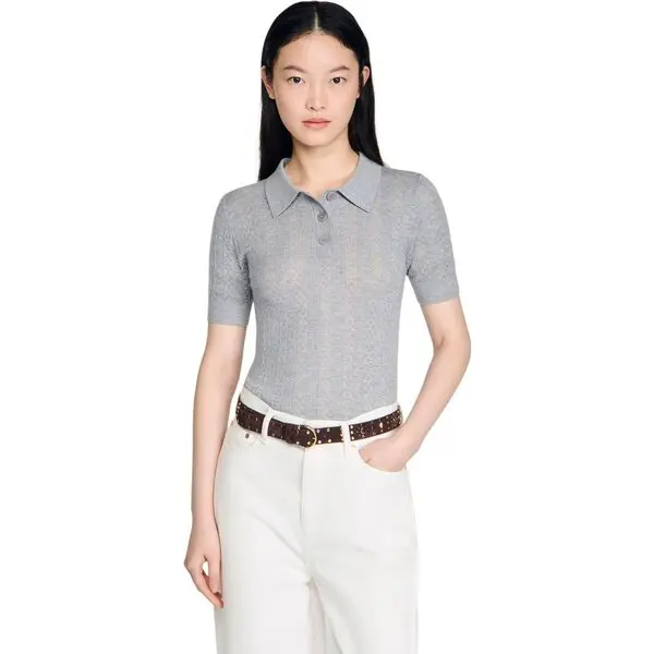 Sandro Pointelle Polo-neck Wool Sweater - Grey