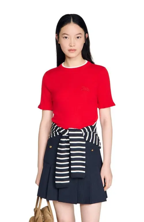 Sandro Contrast Collar Wool Sweater - Red