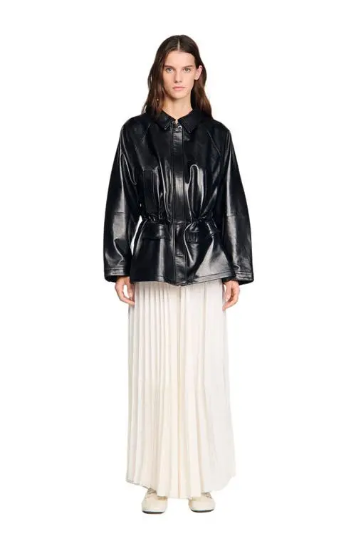 Sandro Loose-fit Lambskin Leather Jacket - Black