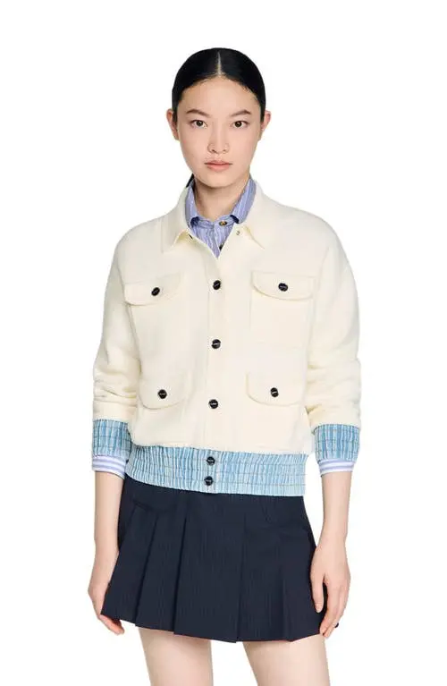 Sandro Bouclé Cardigan With Denim Details - Ecru