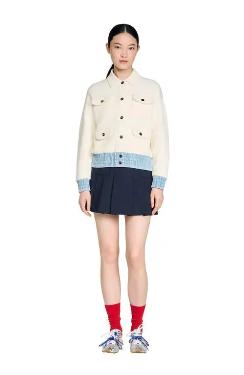 Sandro Bouclé Cardigan With Denim Details - Ecru