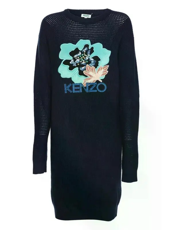 Kenzo Knit Sweater With Logo And Floral Embellishment - Blue