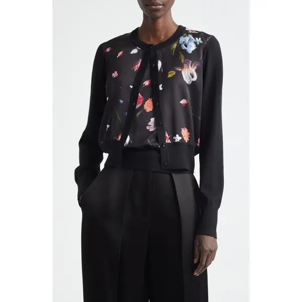 Erdem Floral Satin And Merino Wool Cardigan - Dutch Flower Painting Black