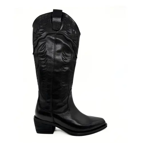 AMIE RAFA Mona Leather Western Boots - Black