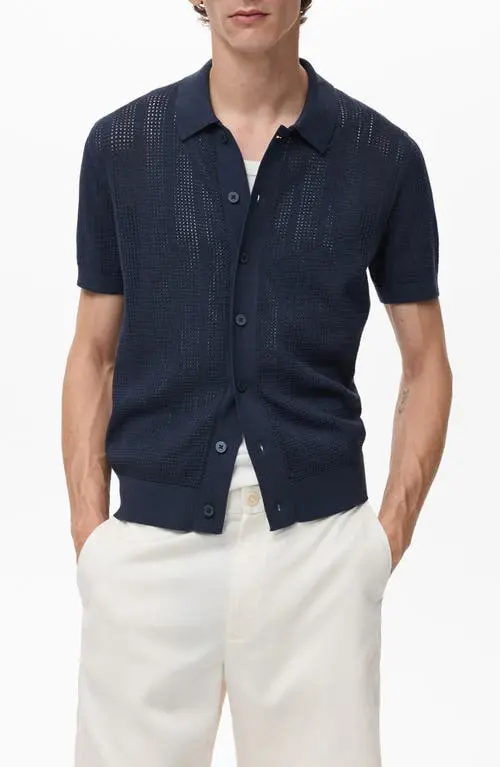 Mango Openwork Knitted Polo - Navy