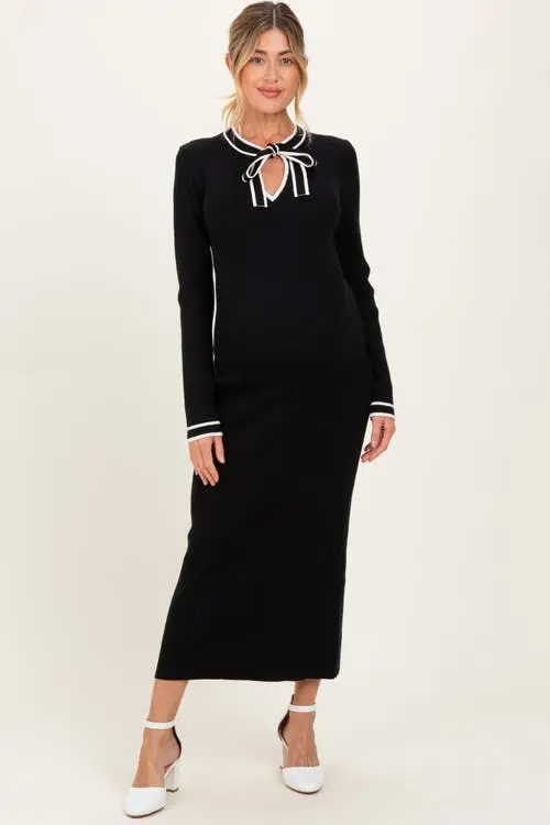 PINKBLUSH Tie Neck Sweater Midi Dress - Black