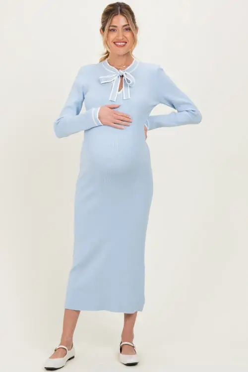PINKBLUSH Tie Neck Sweater Midi Dress - Light Blue