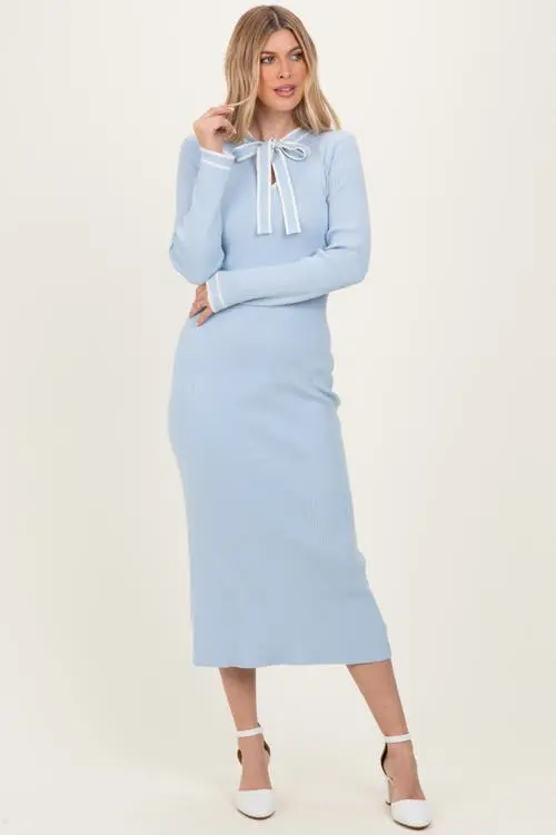 PINKBLUSH Tie Neck Sweater Midi Dress - Light Blue