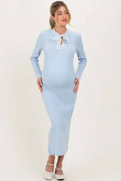 PINKBLUSH Tie Neck Sweater Midi Dress - Light Blue