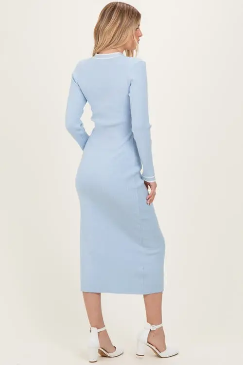 PINKBLUSH Tie Neck Sweater Midi Dress - Light Blue