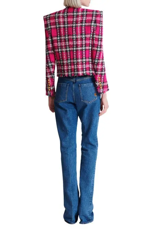 Balmain Glitter Plaid Tweed Cropped Jacket