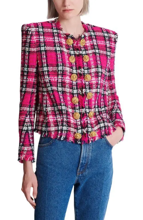 Balmain Glitter Plaid Tweed Cropped Jacket