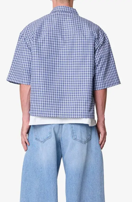 Mnml Crispy Oversize Check Short Sleeve Cotton Poplin Button-up Overshirt - Blue