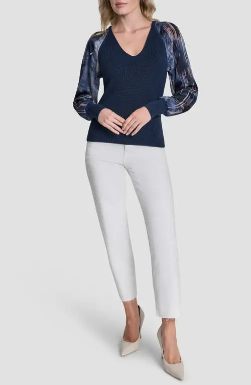 Dkny Printed Sleeve Mixed Media Sweater