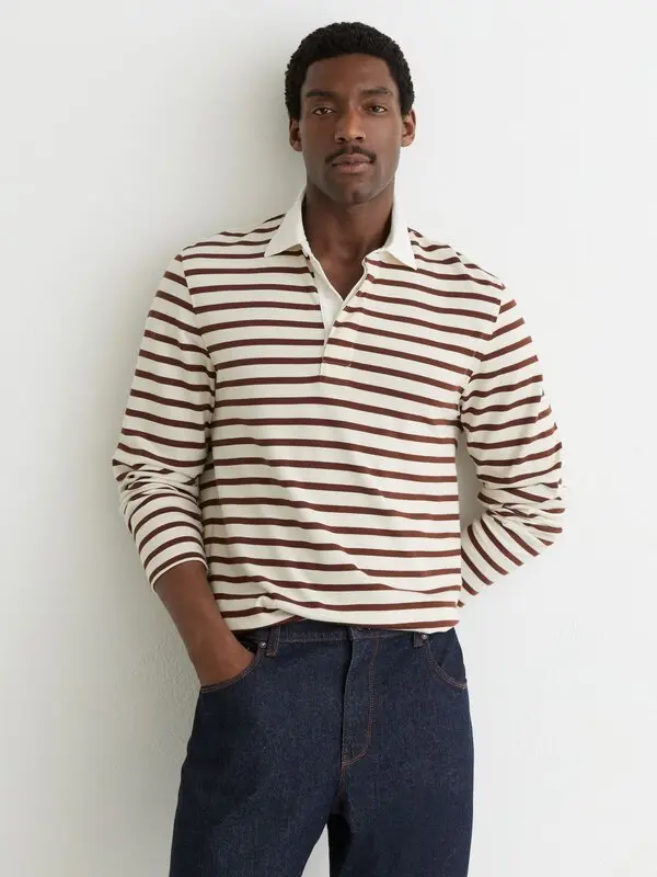 REISS Conners Cotton Rugby-stripe Polo Shirt - White/camel