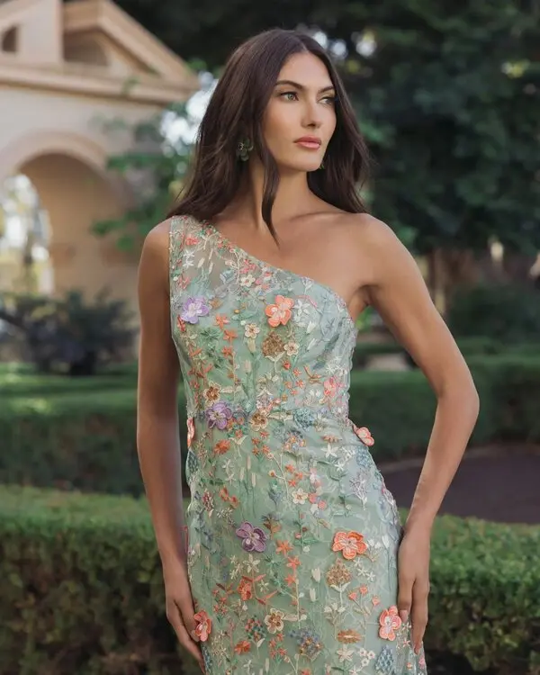 Mac Duggal Women's One-Shoulder Floral Embroidered Gown - Sage Multi - Size 14