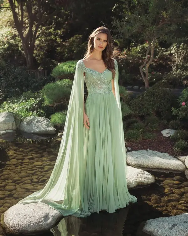 Mac Duggal Embellished Chiffon Cape Sleeve A-Line Gown In Sage |  Editorialist