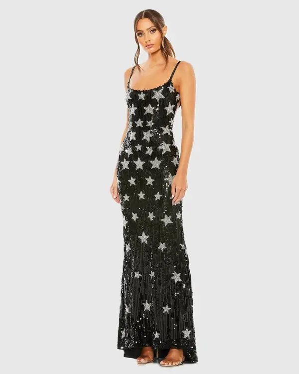 Mac Duggal Star Embellished Sleeveless Open Back Sequin Gown