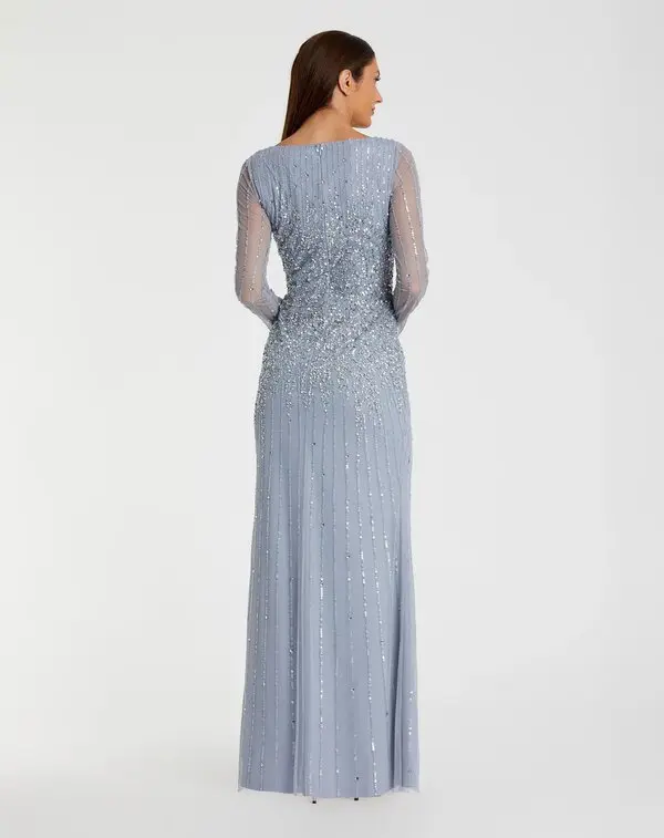 Mac Duggal Boat Neck Sequin Embellished A-Line Gown - Blue | Editorialist