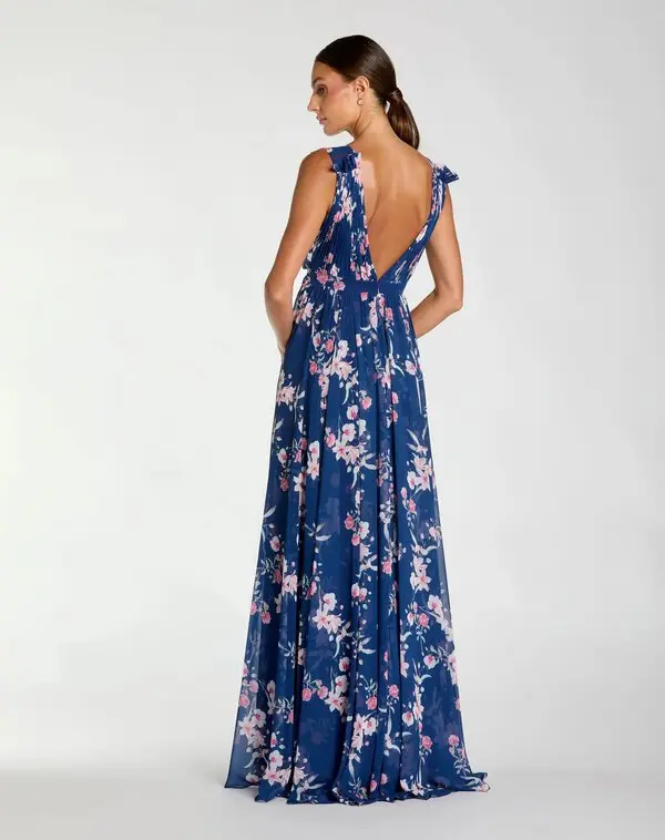 Mac Duggal Sleeveless Pleated Floral Print Chiffon V-neck Gown - Blue