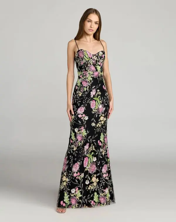 Mac Duggal Embellished Bustier Floral Trumpet Gown - Black