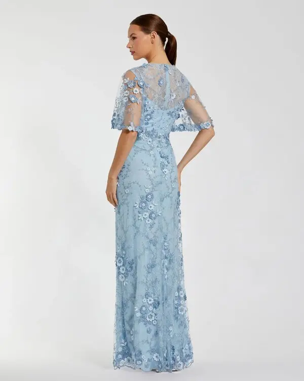 Mac Duggal Women's Flutter Sleeve Floral Emboridered Net Gown - French Blue