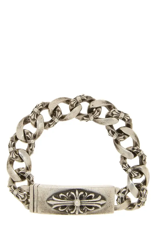 Chrome Hearts Sterling Floral Cross Id Fancy Link Bracelet - Silver