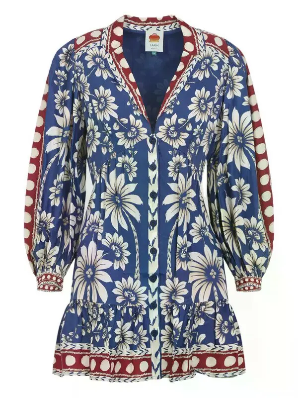Farm Rio Floral Print Button Dress - Blue
