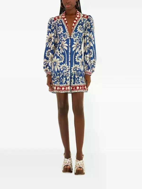 Farm Rio Floral Print Button Dress - Blue