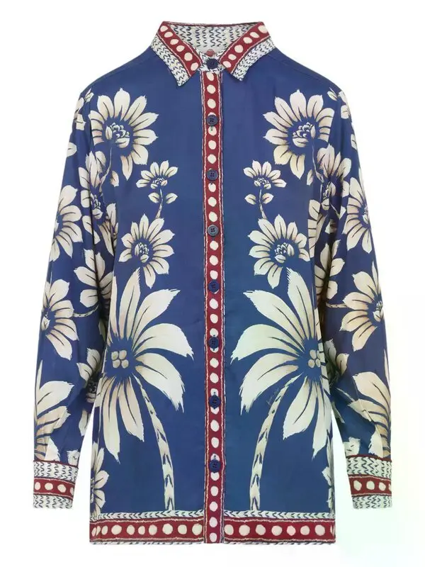 Farm Rio Floral Palm Button-down Top - Blue