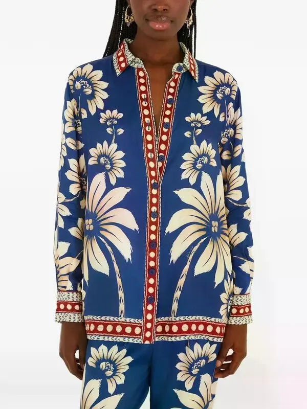 Farm Rio Floral Palm Button-down Top - Blue