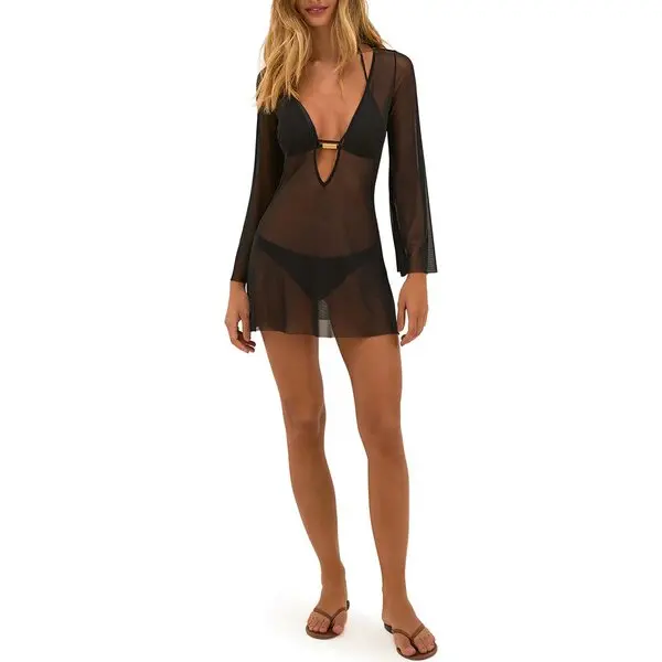 VIX PAULA HERMANNY Lidi Long Sleeve Mesh Cover-up Minidress - Black