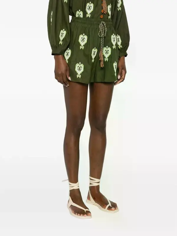 Farm Rio Heart Tapestry Embroidered Shorts - Green