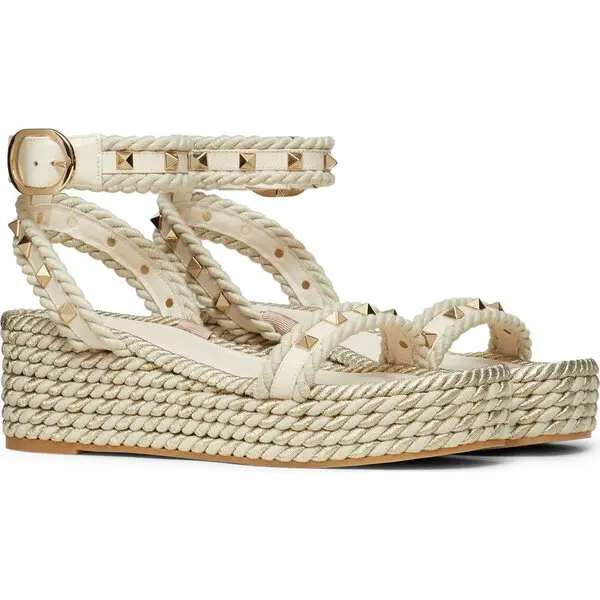 Valentino Garavani Rockstud Flatform Espadrille Sandal - Light Ivory