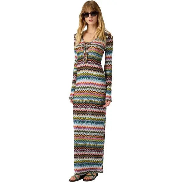 Missoni Long Cover-up In Lamé Viscose With Pixel-effect Zigzag Pattern - Black & Multicoloured