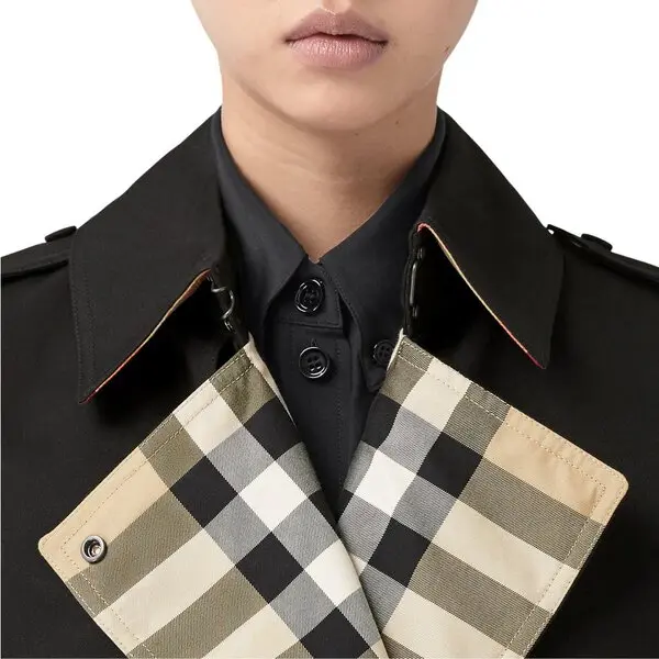 Burberry Long Check Lapel Gabardine Trench Coat - Black