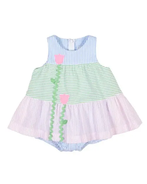 FLORENCE EISEMAN Striped Seersucker Romper With Appliqué Tulips - Multi