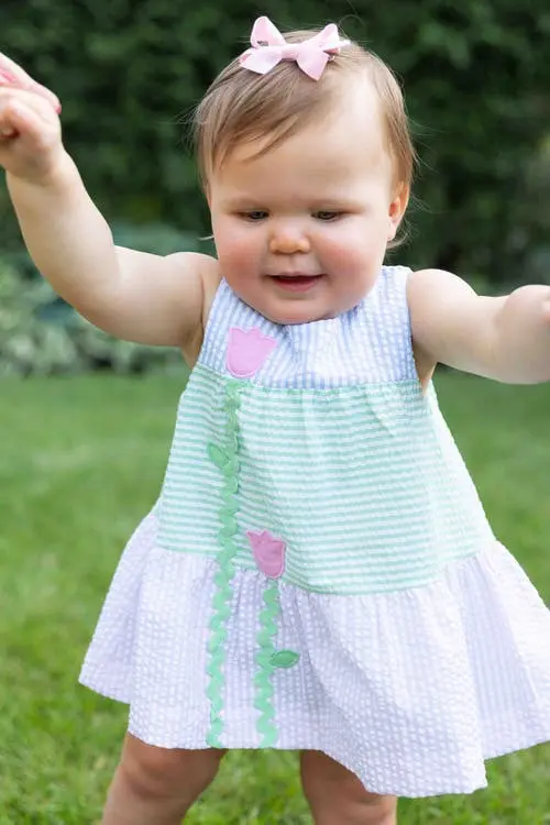 FLORENCE EISEMAN Striped Seersucker Romper With Appliqué Tulips