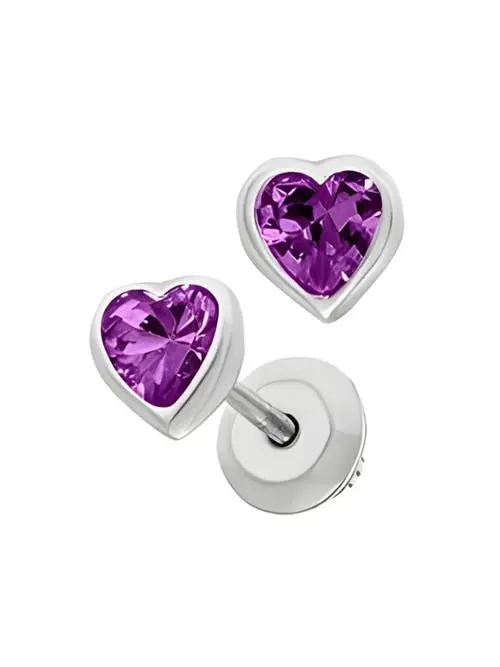 MIA BELLE GIRLS Heart February Birthstone Earrings - Metallic Silver