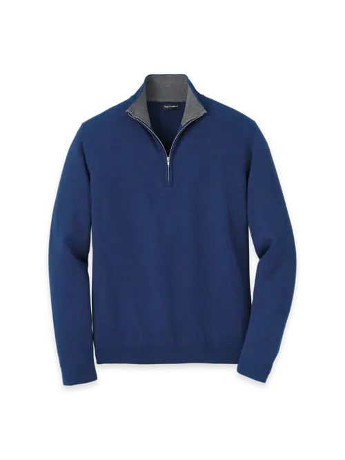 PAUL FREDRICK Quarter Zip Mock Neck Supima Cotton Sweater - Dark Blue