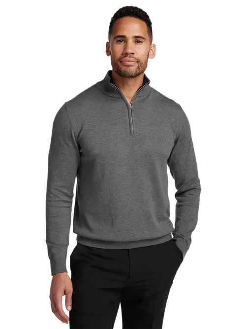 PAUL FREDRICK Quarter Zip Mock Neck Supima Cotton Sweater - Medium Grey