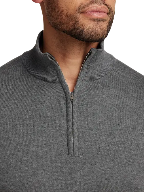 PAUL FREDRICK Quarter Zip Mock Neck Supima Cotton Sweater - Medium Grey