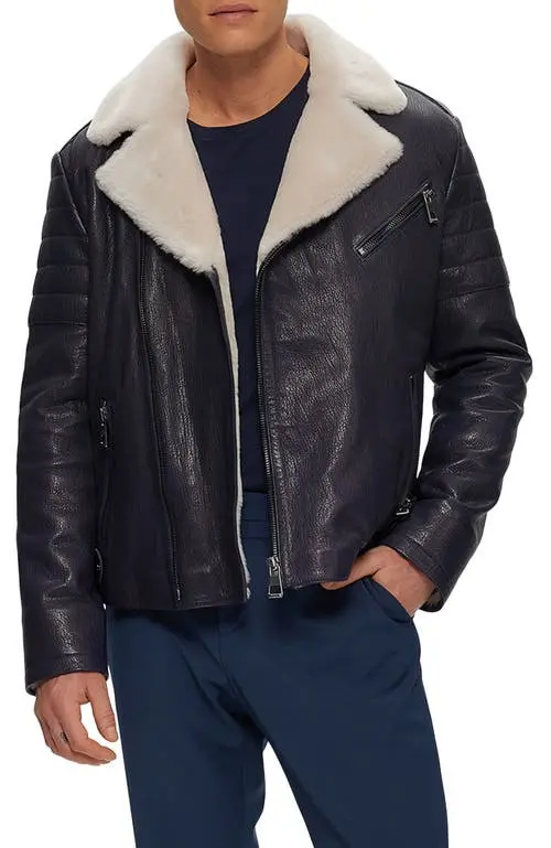 Gorski Nappa Moto Jacket With Genuine Shearling - Navy/beige