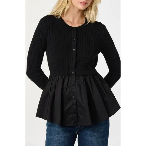 Astr The Label Mixed Media Peplum Top - Black