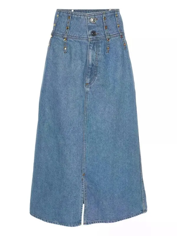Sandro Denim Midi Skirt With Crystal Embellishments