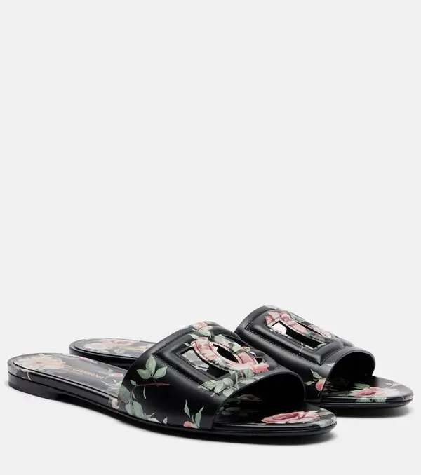 Dolce & Gabbana Floral Leather Slides - Black
