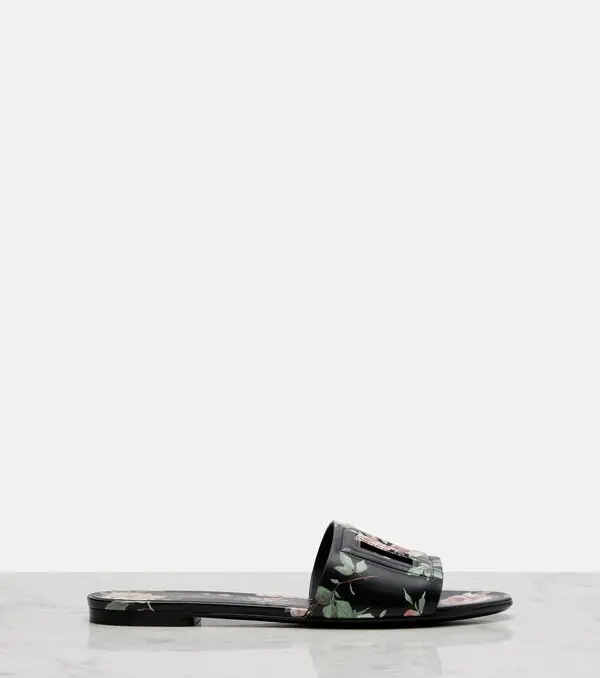 Dolce & Gabbana Floral Leather Slides - Black