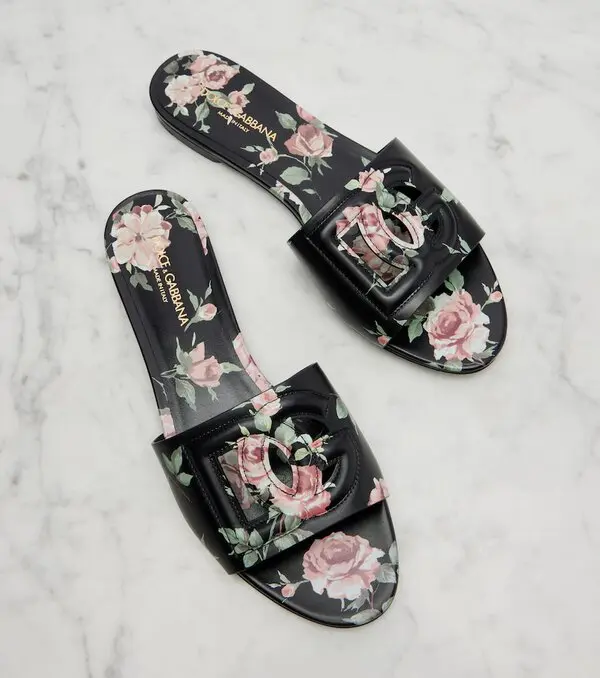 Dolce & Gabbana Floral Leather Slides - Black